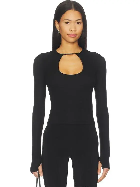 Michael Lauren Orson Ribbed Jersey Long Sleeve Top With Keyhole Detail - Black