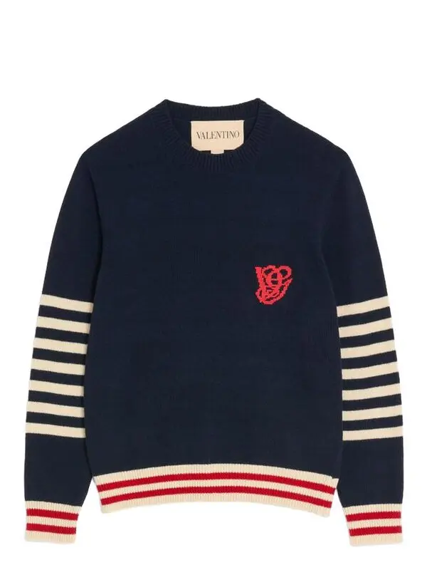 Valentino Garavani Regular Fit Wool Sweater With Embroidery - Navy/butter