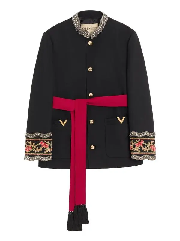 Valentino Garavani Wool Gabardine Jacket With Embroidery And Belt - Black