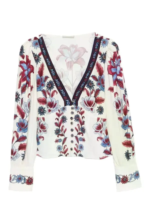 Farm Rio Floral-print V-neck Blouse - White