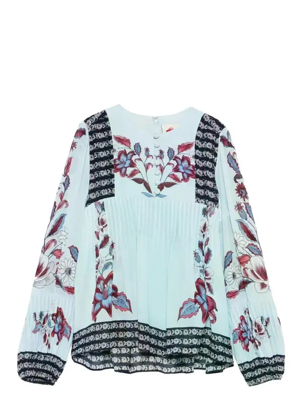 Farm Rio Marcelle Floral-print Pleated Blouse - Blue