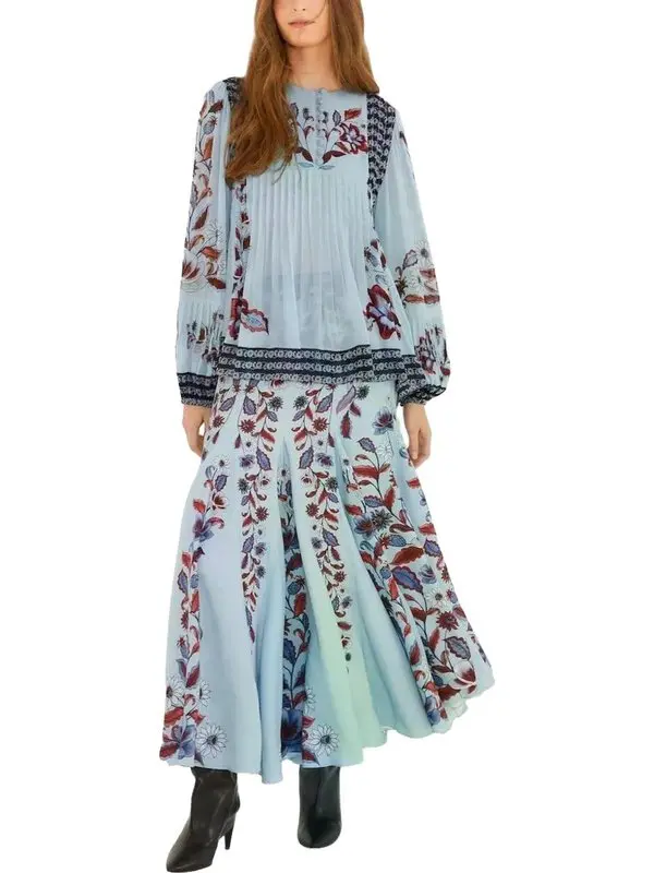 Farm Rio Marcelle Floral-print Pleated Blouse - Blue