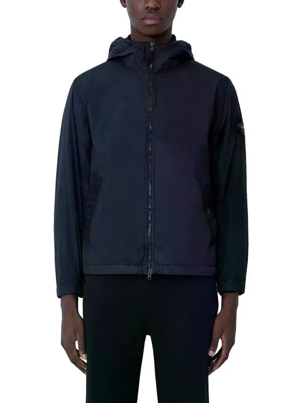 Stone Island Hooded Zip-up Jacket With Badge Detail - Blue