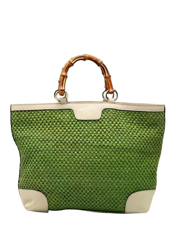 Gucci Large Raffia Bamboo Shopper Tote Bag - Green