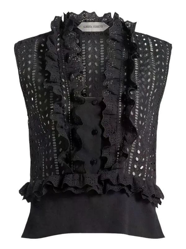 Alberta Ferretti Ruffled Eyelet Blouse - Black