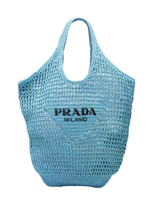 Prada Raffia Effect Crochet Shopping Tote Bag - Blue