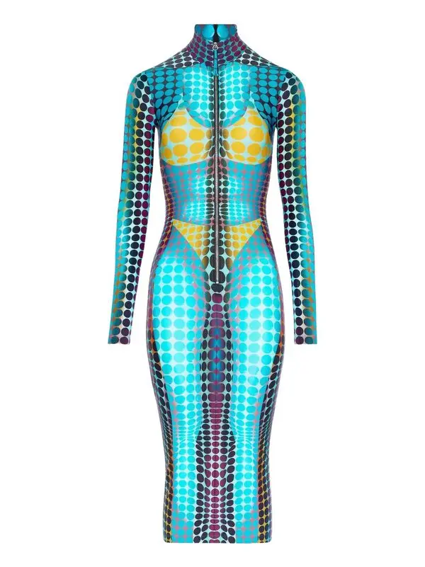 Jean Paul Gaultier High-neck Dots-print Midi Dress - Blue