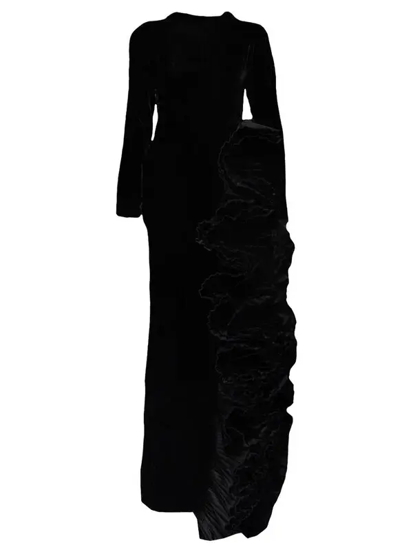 THA SEEN Flower-embellished Velvet Maxi Dress - Black
