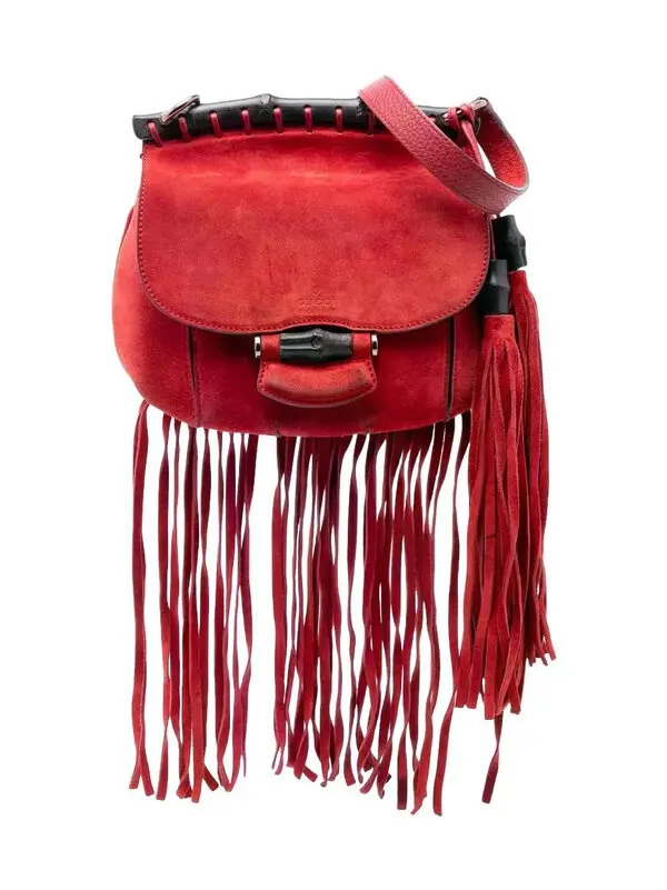 Gucci Small Leather Bamboo Nouveau Fringe Crossbody Bag - Red
