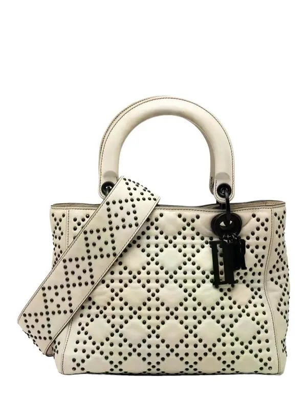 Dior 2018 Medium Lambskin Cannage Studded Lady Satchel - White