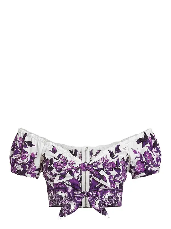 Dolce & Gabbana Majolica Poplin Off-the-shoulder Crop Top - Purple/white