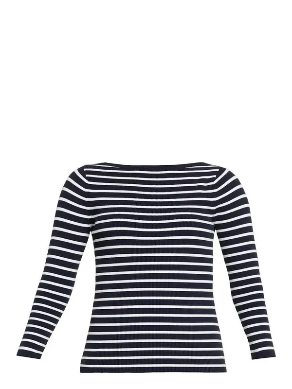 Michael Kors Striped Ribbed Knit Boat-neck Top - Midnight/white