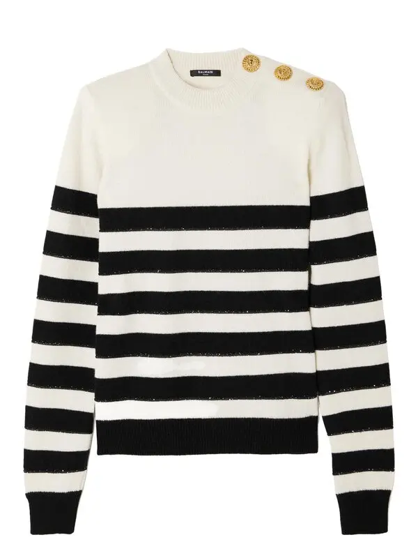 Balmain Embellished Striped Knitted Sweater - White