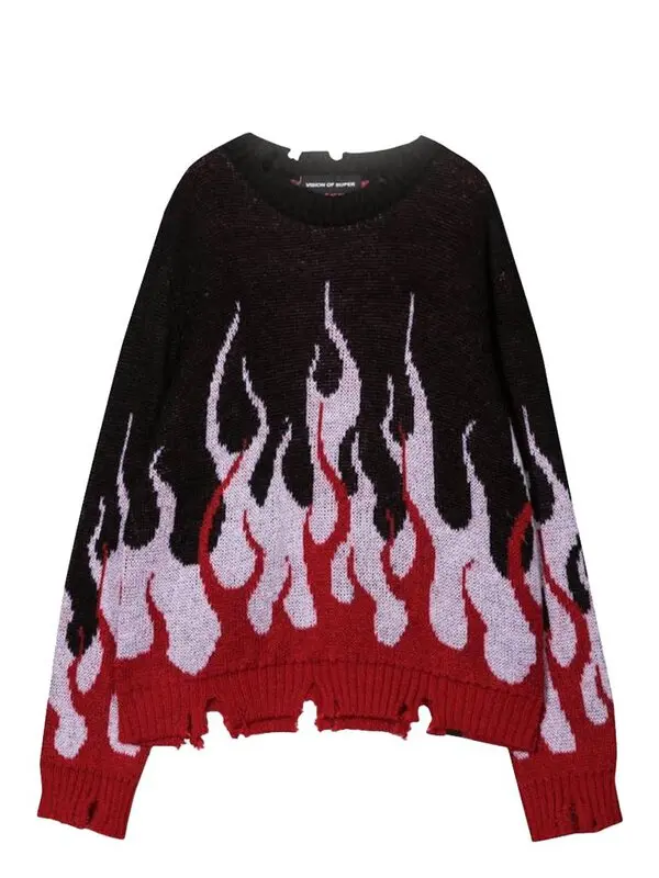VISION OF SUPER Sweater With Double Flames - Black