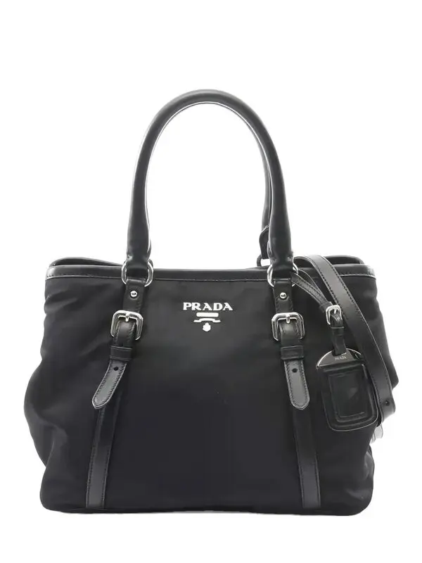Prada 2000s Leather Trim Tote Bag - Black