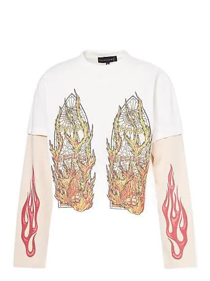 WHO DECIDES WAR BY EV BRAVADO Flame Glass Graphic-print Layered Cotton-jersey Top - Cloud Multi