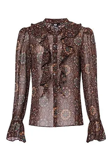 Paige Claude Frill-neck Silk Blouse - Dark Chocolate Multi