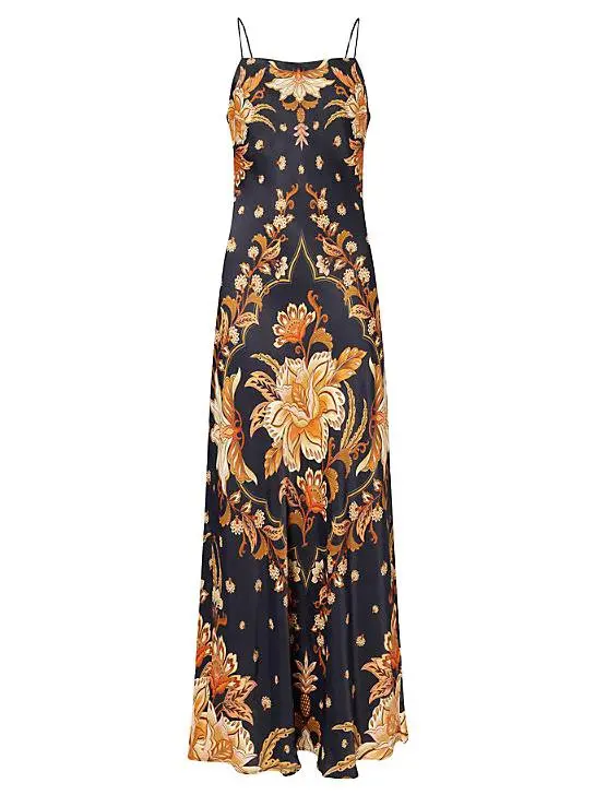 Farm Rio Printed Satin Maxi Dress - Majestic Garden Black