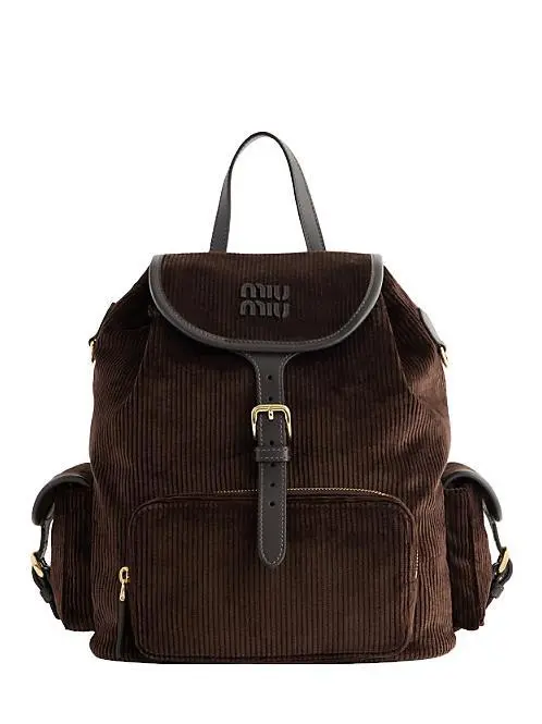 Miu Miu Cotton-corduroy Backpack With Brand Appliqu - Ebano