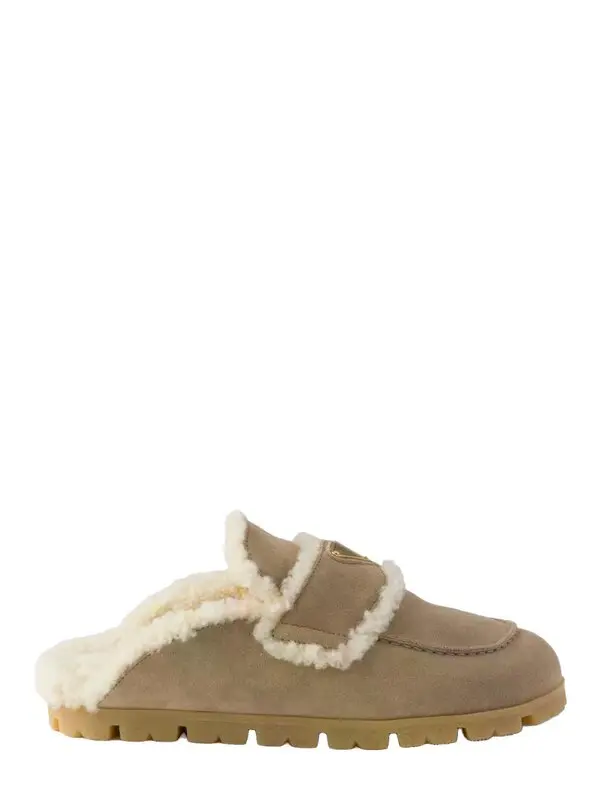 Prada Suede And Shearling Mules With Enameled Triangle Logo - Neutrals