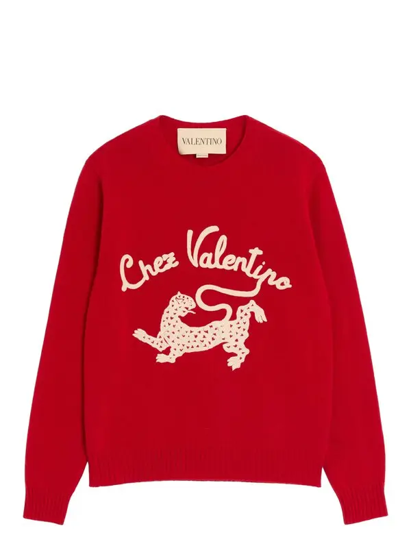Valentino Garavani Wool Embroidered Panther Sweater - Red