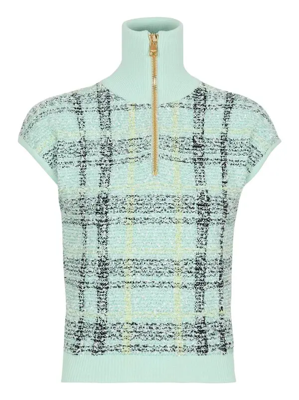 Balmain Tweed Embellished Plaid Top - Green