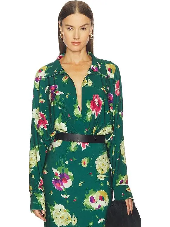 Norma Kamali Super Oversized Boyfriend Shirt Bodysuit - Floral Green Multi