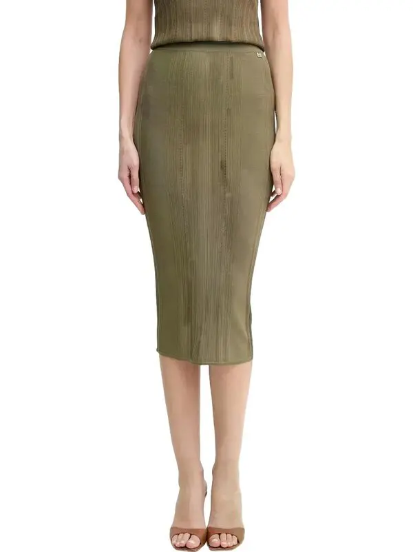 MARCIANO Ribbed Knit Midi Skirt With Logo Plaque - Green