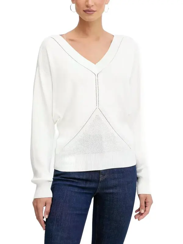 Guess V-neck Perforated Sweater - White