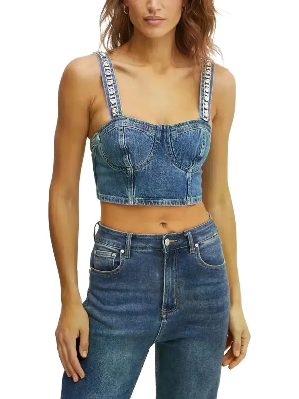 Guess Embellished Strap Denim Top - Blue