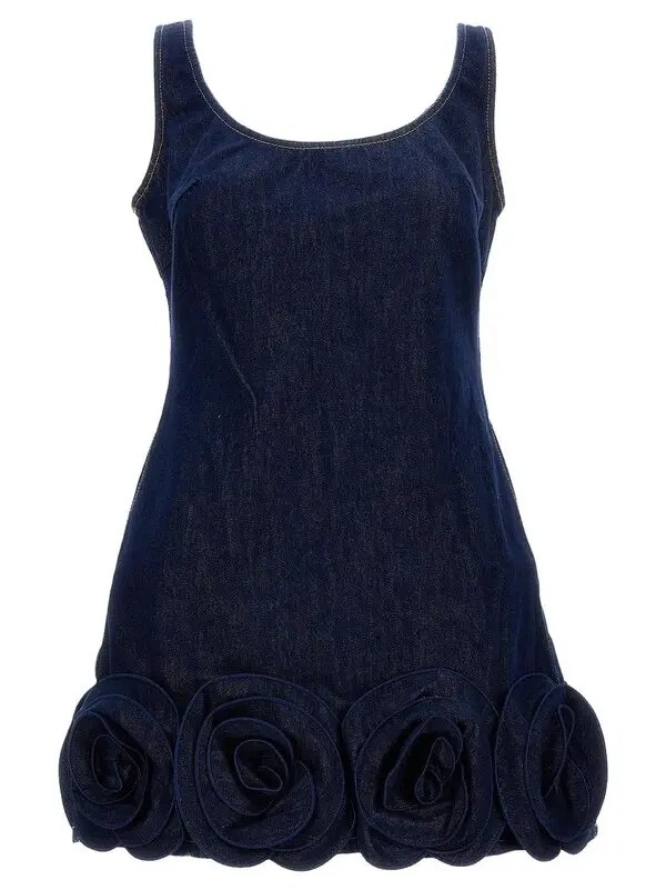 SELF-PORTRAIT Mini Denim Dress With 3d Flowers - Blue