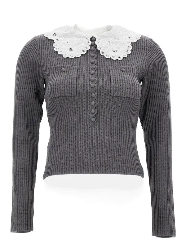 SELF-PORTRAIT Knit Top With Wide Collar - Grey