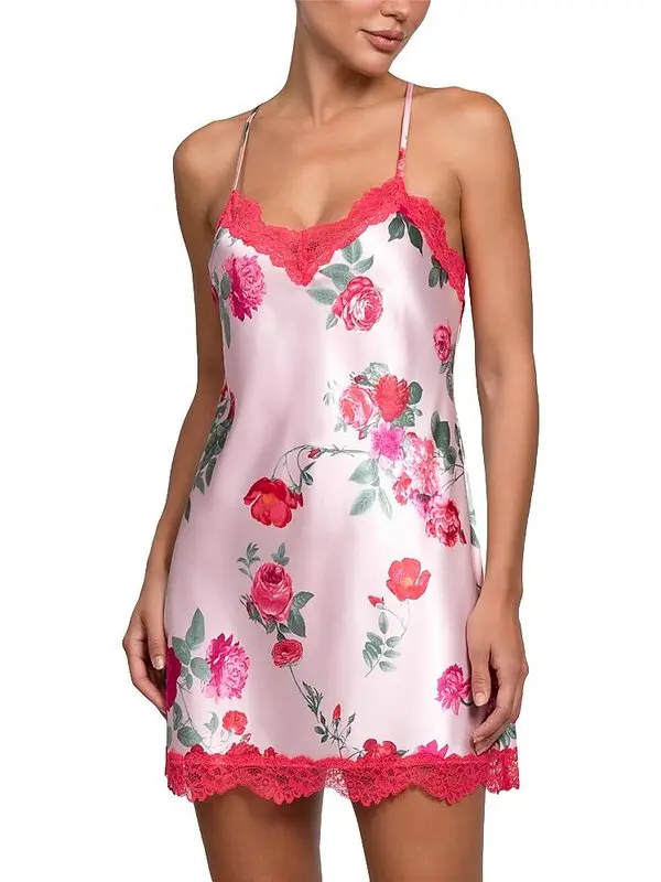 IN BLOOM BY JONQUIL Stretch Satin Rose Print Lace Chemise - Light Pink