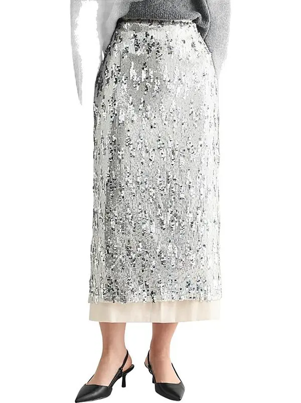 LUVEE Mable Sequin Midi Skirt - Silver