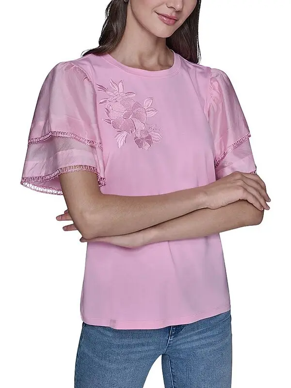 Karl Lagerfeld Paris Floral Knit Flutter Sleeve Top - Prism Pink