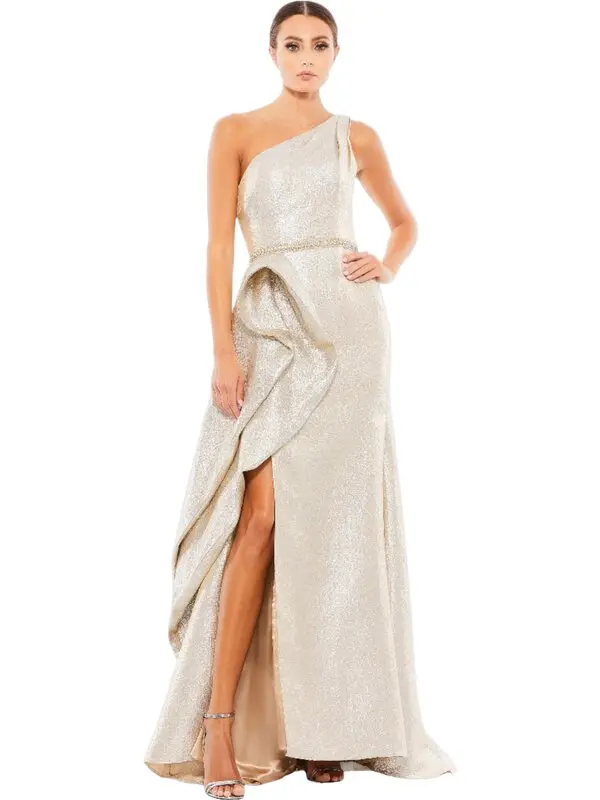 Mac Duggal Metallic Ruffled One-shoulder Gown - Oyster