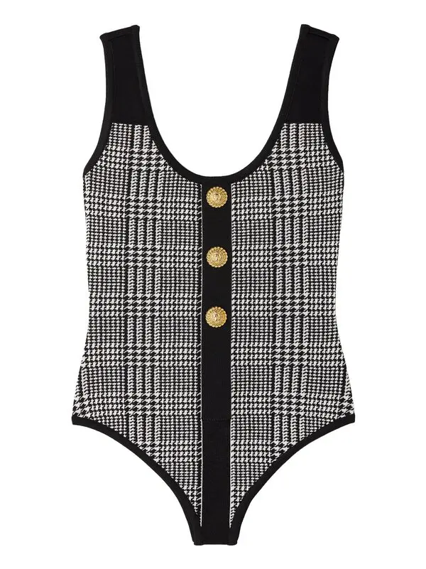 Balmain Embellished Prince Of Wales Checked Bodysuit - White
