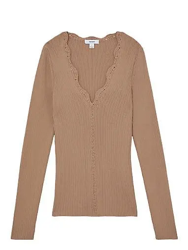 REISS Lara Crochet-trim Knitted Top - Taupe Neutral