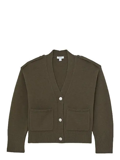 REISS V-neck Wool And Cashmere Cardigan - Khaki Green