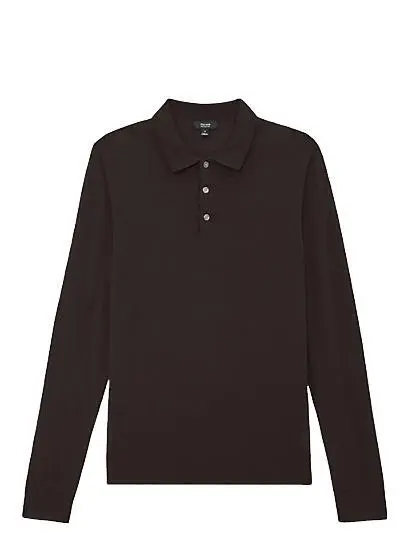 REISS Trafford Long-sleeved Wool Polo Shirt - Chocolate Brown