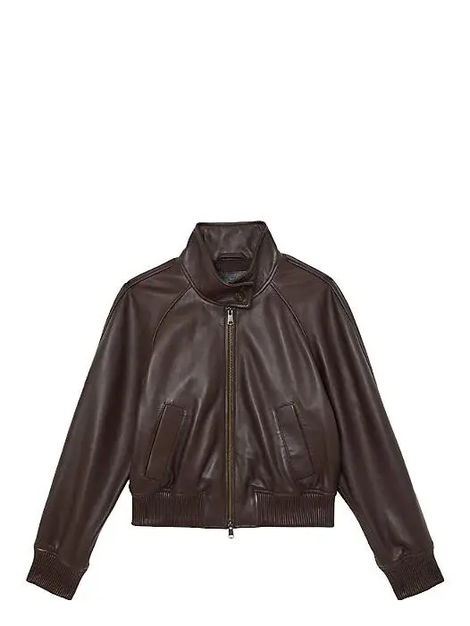 REISS Eloise Funnel-neck Leather Jacket - Chocolate Brown