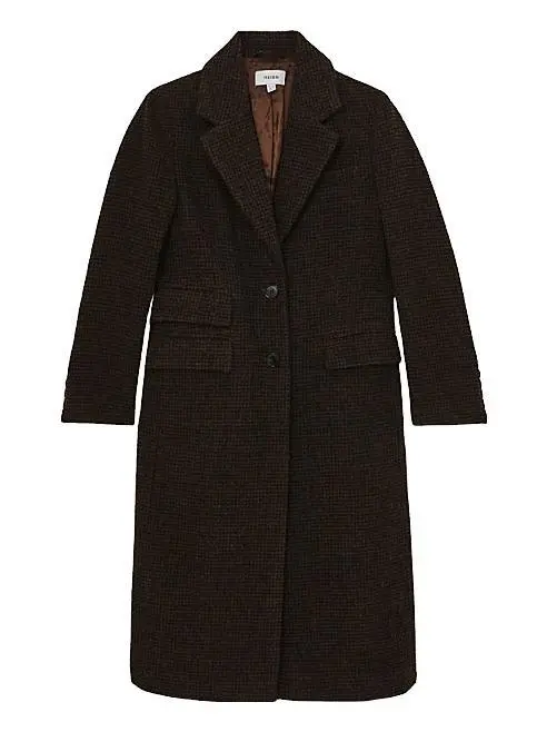 REISS Houndstooth Single-breasted Wool-blend Coat - Chocolate Brown Check