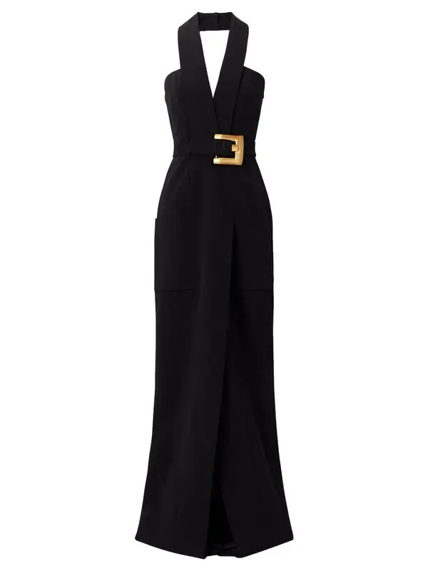 Balmain Belted Paneled Halterneck Gown - Black