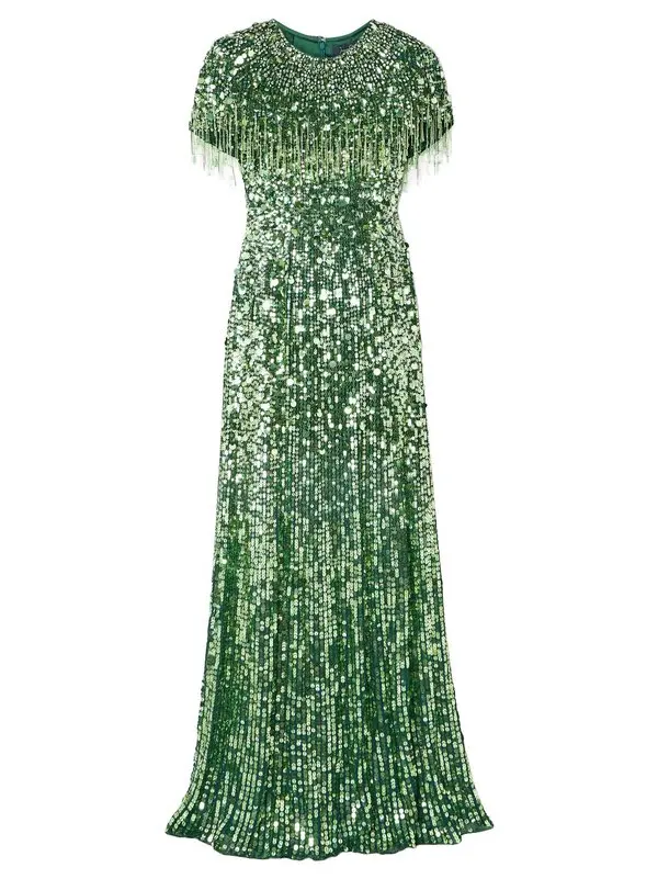 Jenny Packham Eugenie Fringed Cape-effect Embellished Gown - Green