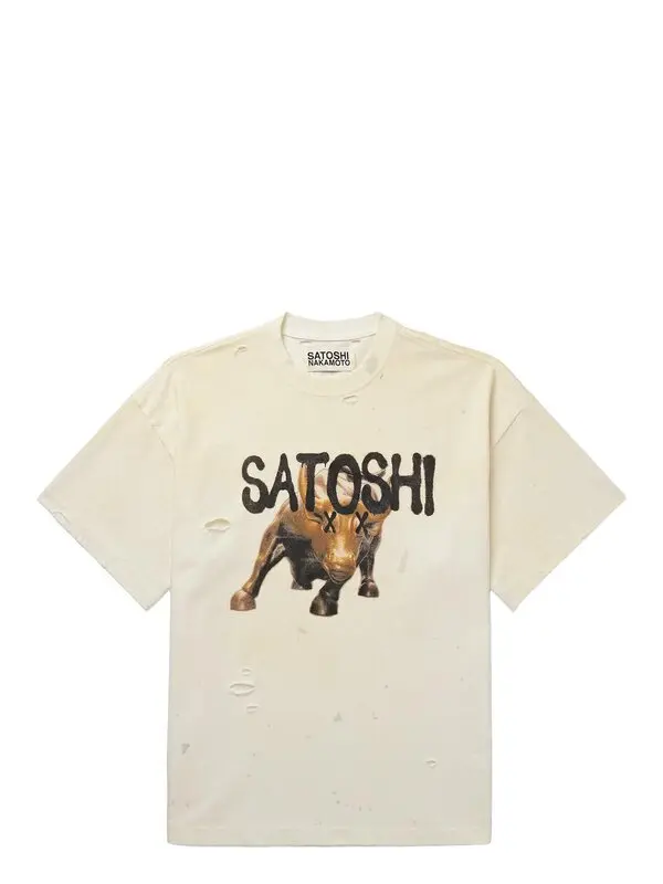 SATOSHI NAKAMOTO Wall Street Distressed Logo-print Cotton-jersey T-shirt - White