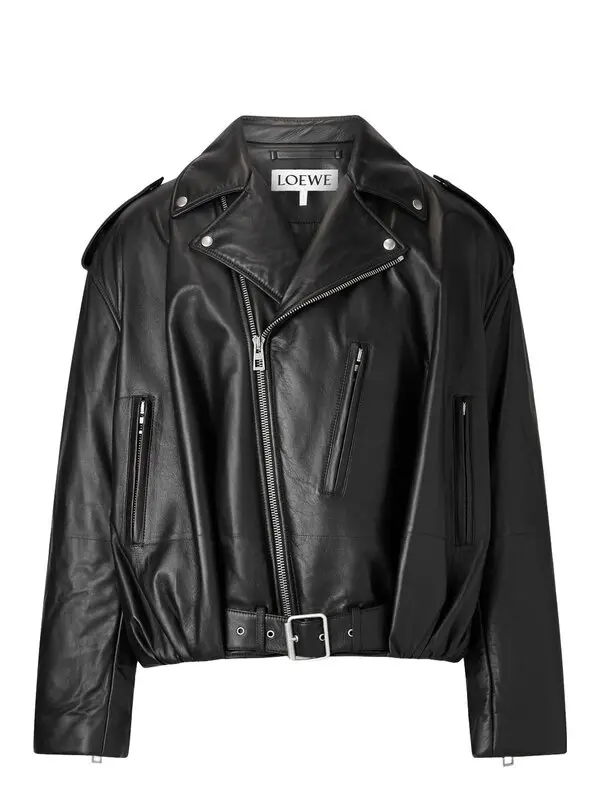 Loewe Belted Padded Leather Moto Jacket - Black
