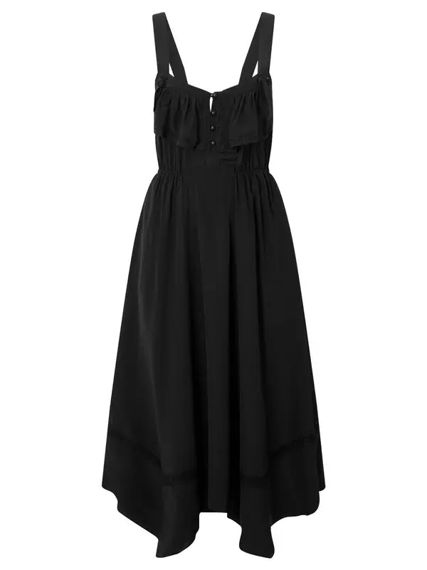 Maison Mayle Asymmetric Ruffled Lace-trimmed Silk Crepe De Chine Midi Dress - Black