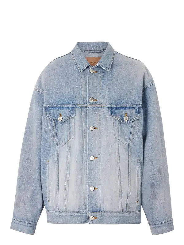 Balenciaga Oversized Distressed Printed Denim Jacket - Blue