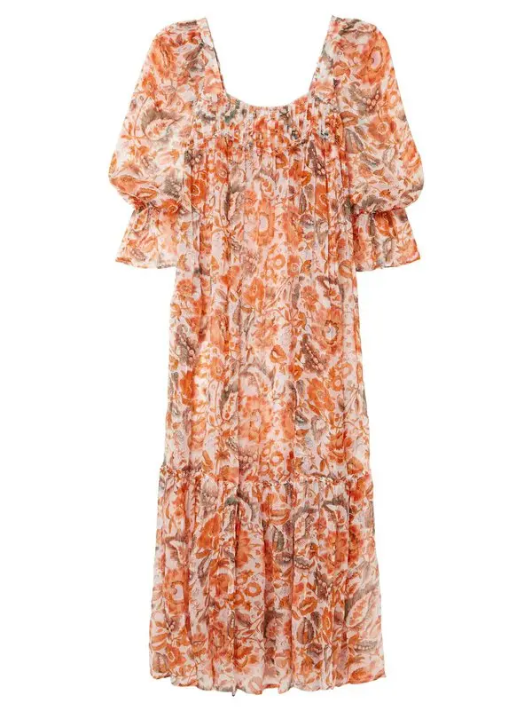 Alix Of Bohemia Lilium Topaz Flower Pleated Ruffled Printed Georgette Midi Dress - Orange