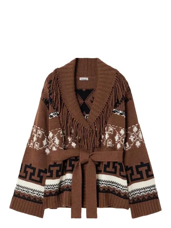 Simkhai Elwood Belted Fringed Intarsia Wool And Cashmere-blend Cardigan - Brown